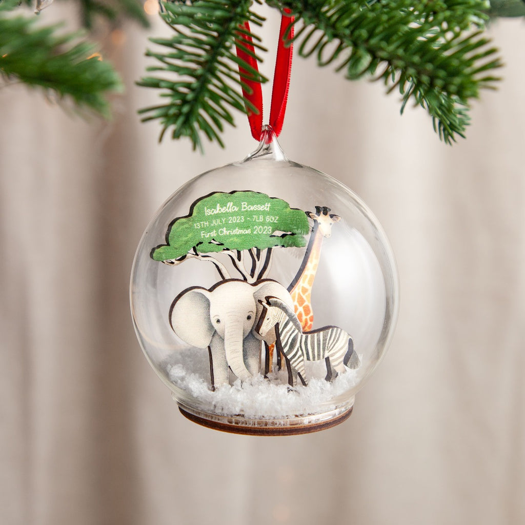 First Christmas Safari Animals Personalised Bauble – No Ordinary Gift