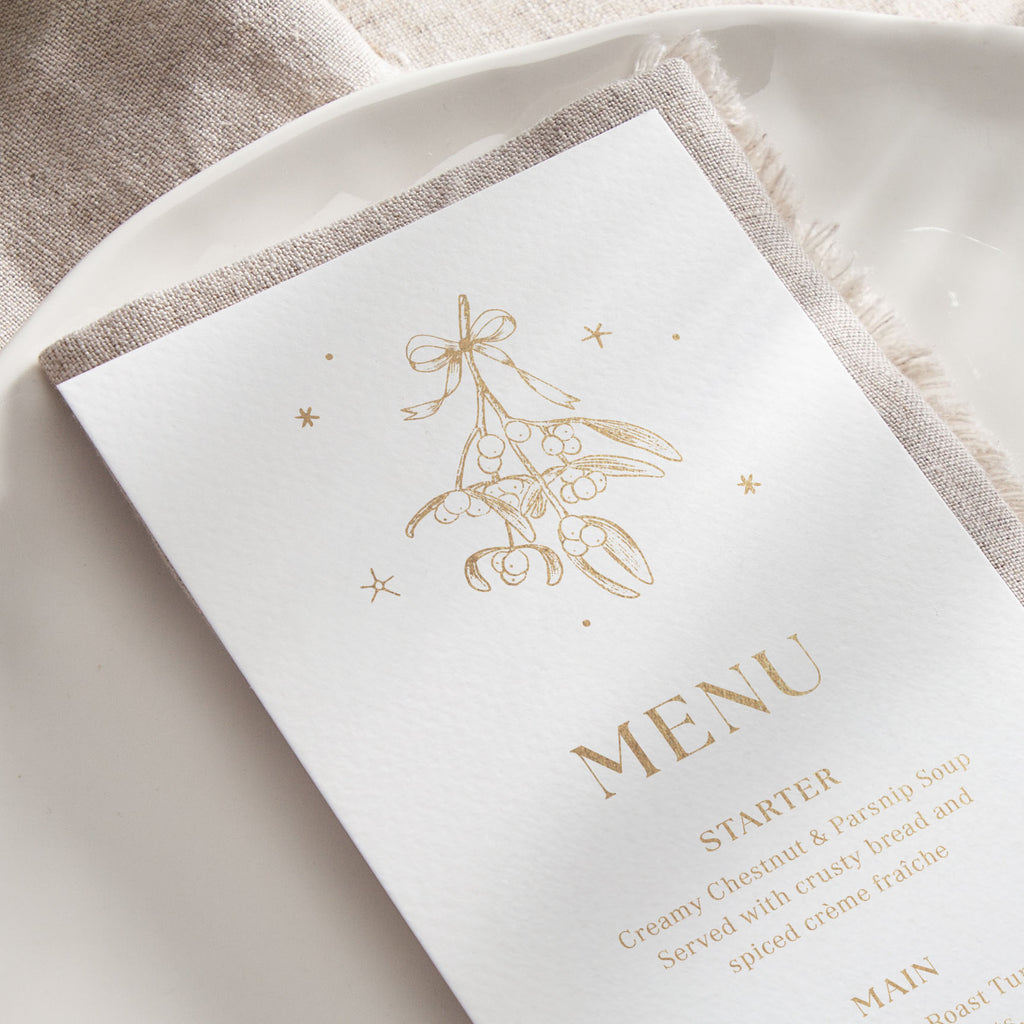 Mistletoe Foiled Christmas Dinner Menu Cards | Christmas Party Menus ...